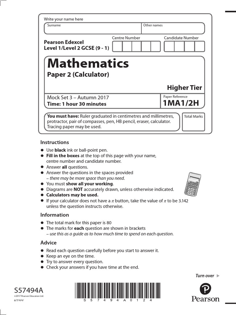 GCSE Maths Mock Paper 2 - Autumn 2017 | PDF | Area | Geometry