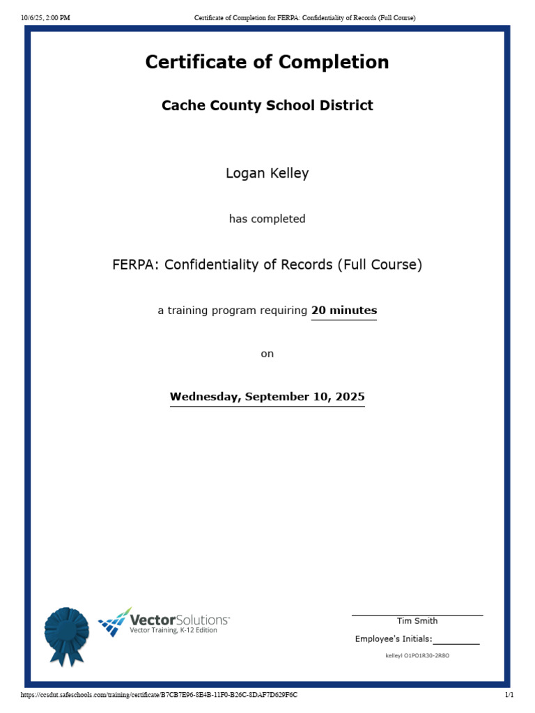 Certificate of Completion For FERPA - Confidentiality of Records (Full ...
