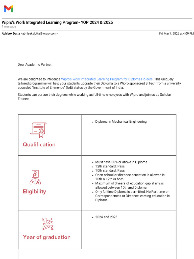 Gmail - Wipro's Work Integrated Learning Program - YOP 2024 & 2025 | PDF