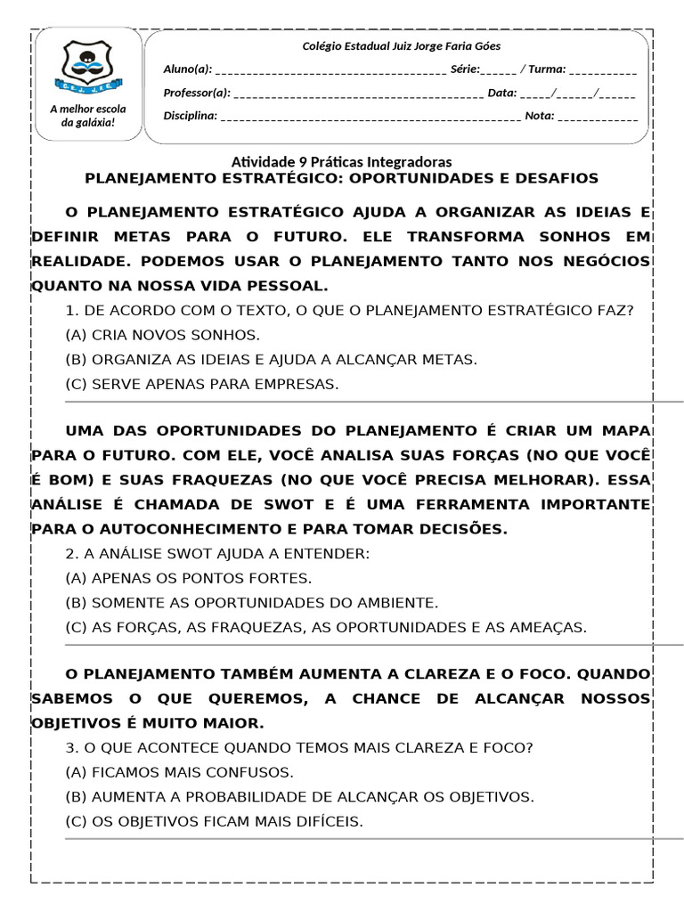 Atividade Adaptada Práticas Rian | PDF | Análise SWOT | Planejamento