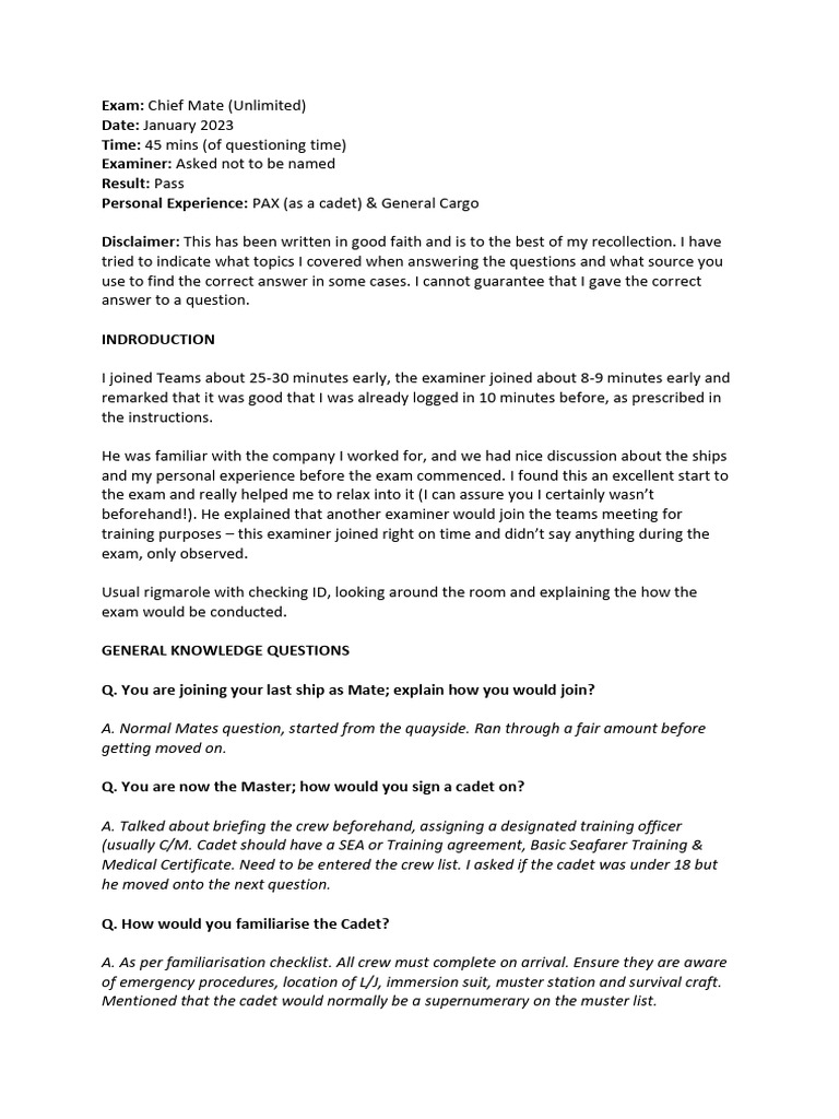 Chief Mate Unlimited Orals Report 2023 01 Unknown Pass | PDF | Ships ...