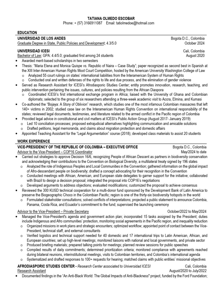 Resume Tatiana Olmedo 20251006 | PDF | Colombia