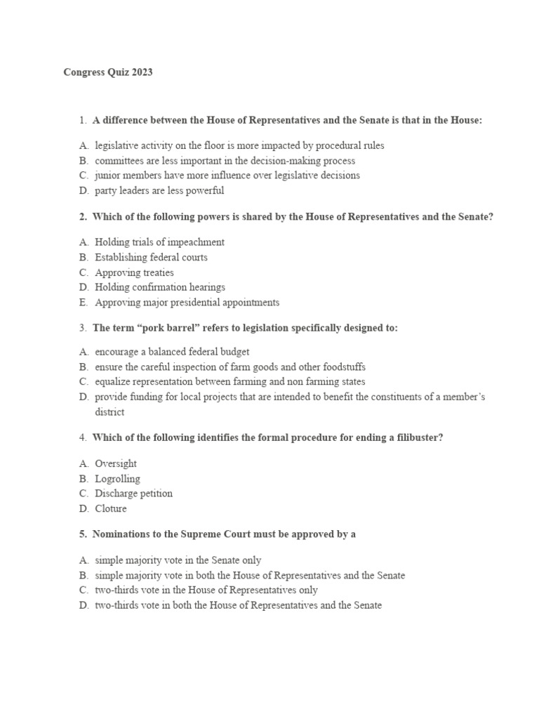 Congress Week 2 Quiz AP Goverment | PDF | United States House Of ...