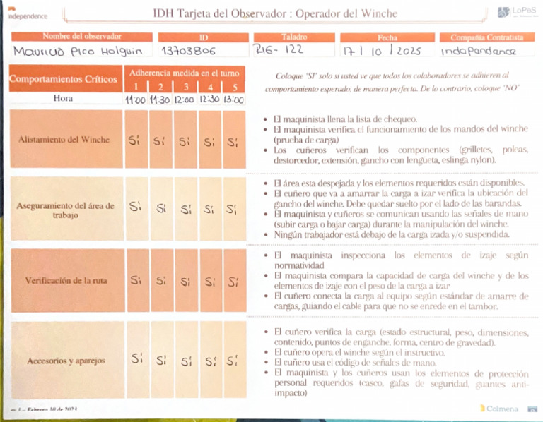 IDH Tarjeta Del Observador Operador Del Winche | PDF