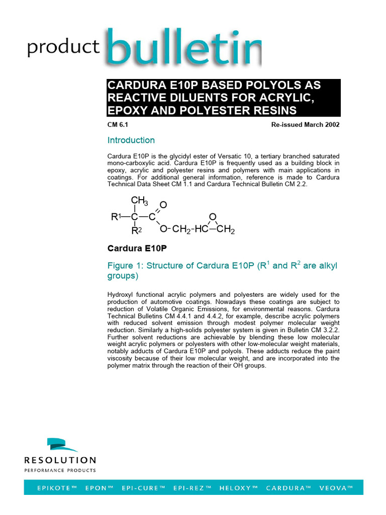 Cardura E10P Based Polyols As Reactive Diluents For Acrylic, Epoxy and ...