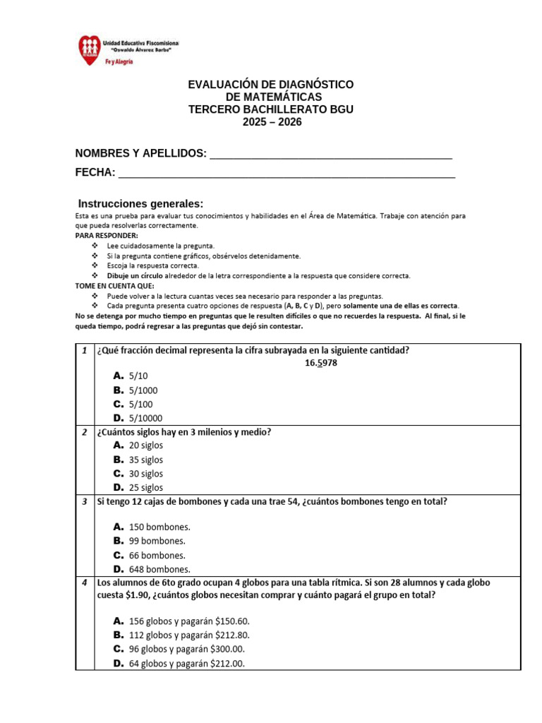 6to Matematicas Prueba De Diagnóstico 2025 Pdf
