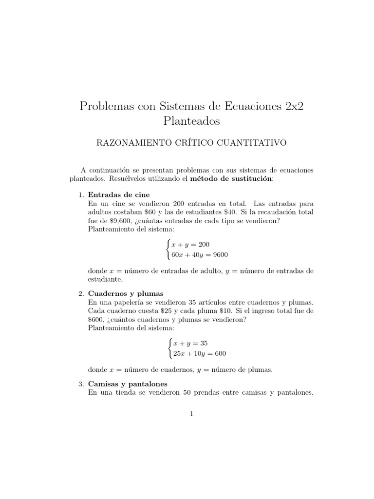 Problemas de Ecuaciones 2x2 Resueltos | PDF