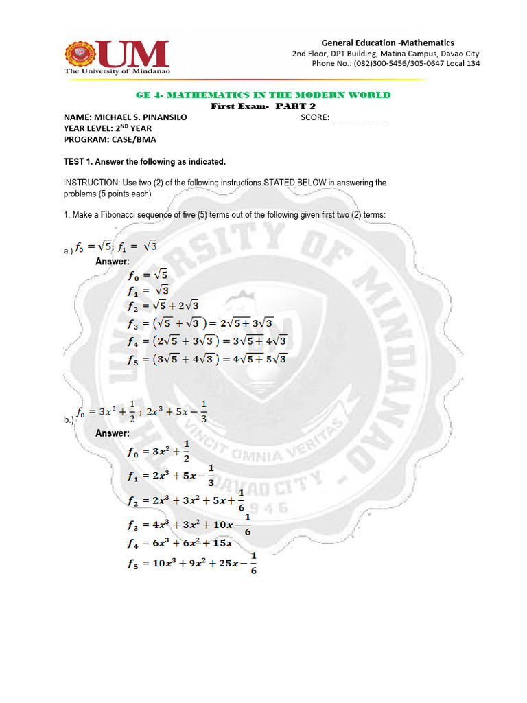Pinansilo - First Exam Part 2 Ge4 (9098) | PDF | Mathematics | Cognition