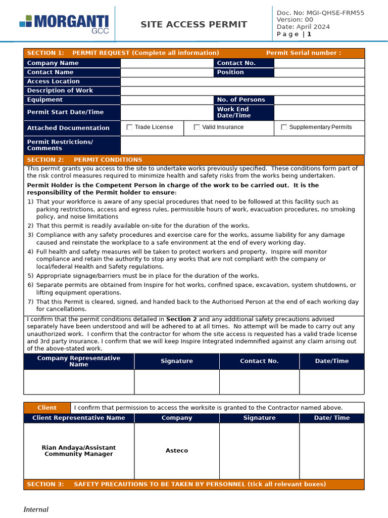 MGI-QHSE-FRM55 Site Access Permit | PDF | Occupational Safety And ...