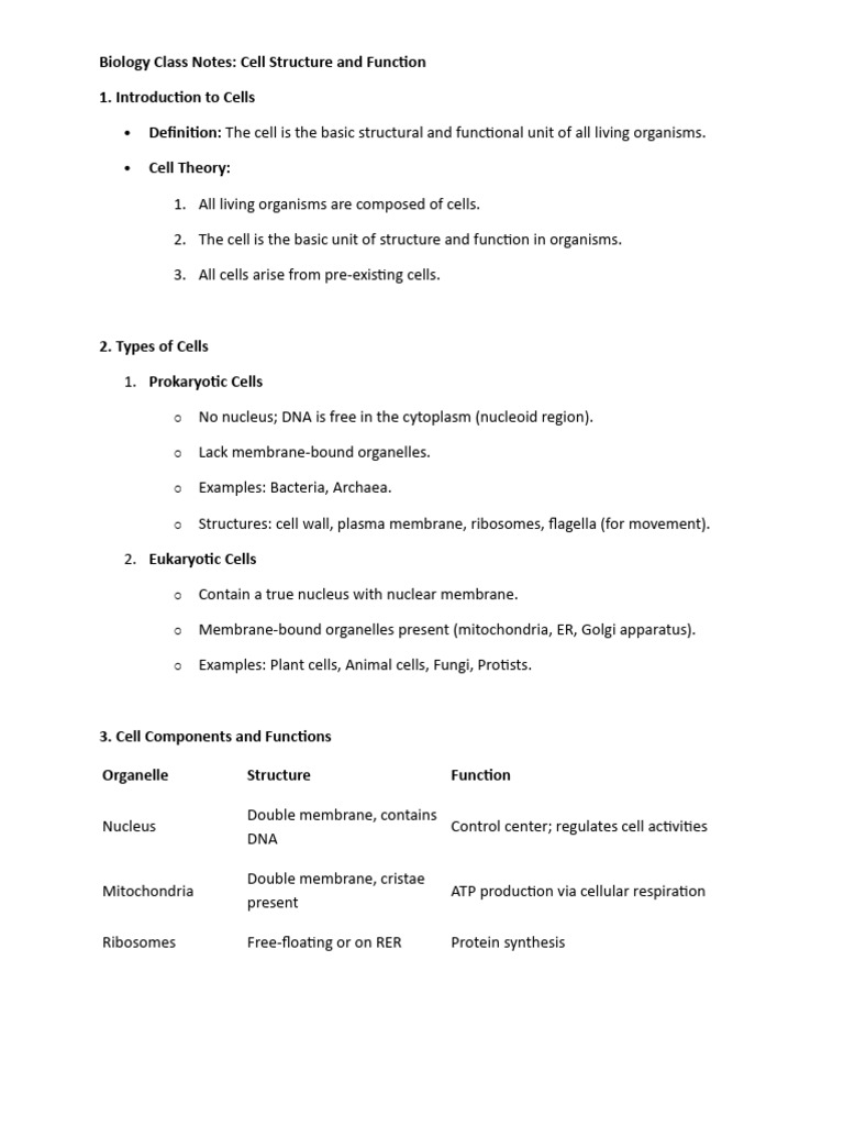 Biology Class Notes Cell Structure and Function | PDF | Cell (Biology ...