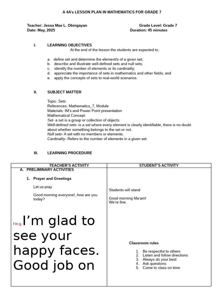 Grade 7 Math Lesson Plan on Sets | PDF | Ellipsis | Empty Set