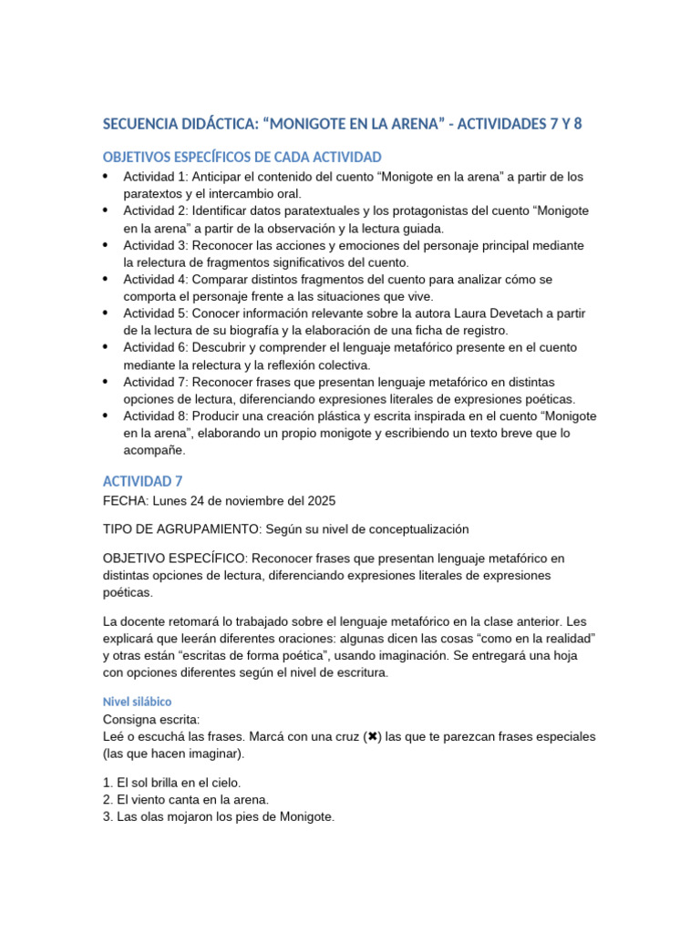 Monigote Actividades 7 y 8 | PDF | Metáfora | Cuentos