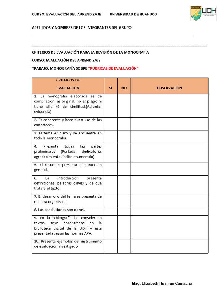CRITERIOS DE EVALUACIÓN PARA LA REVISIÓN DE LA MONOGRAFÍA | PDF