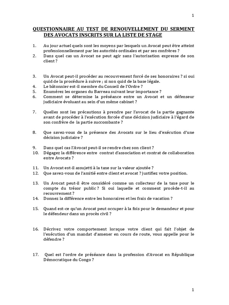 Questionnaire sur le Serment des Avocats | PDF | Avocat | Barreau