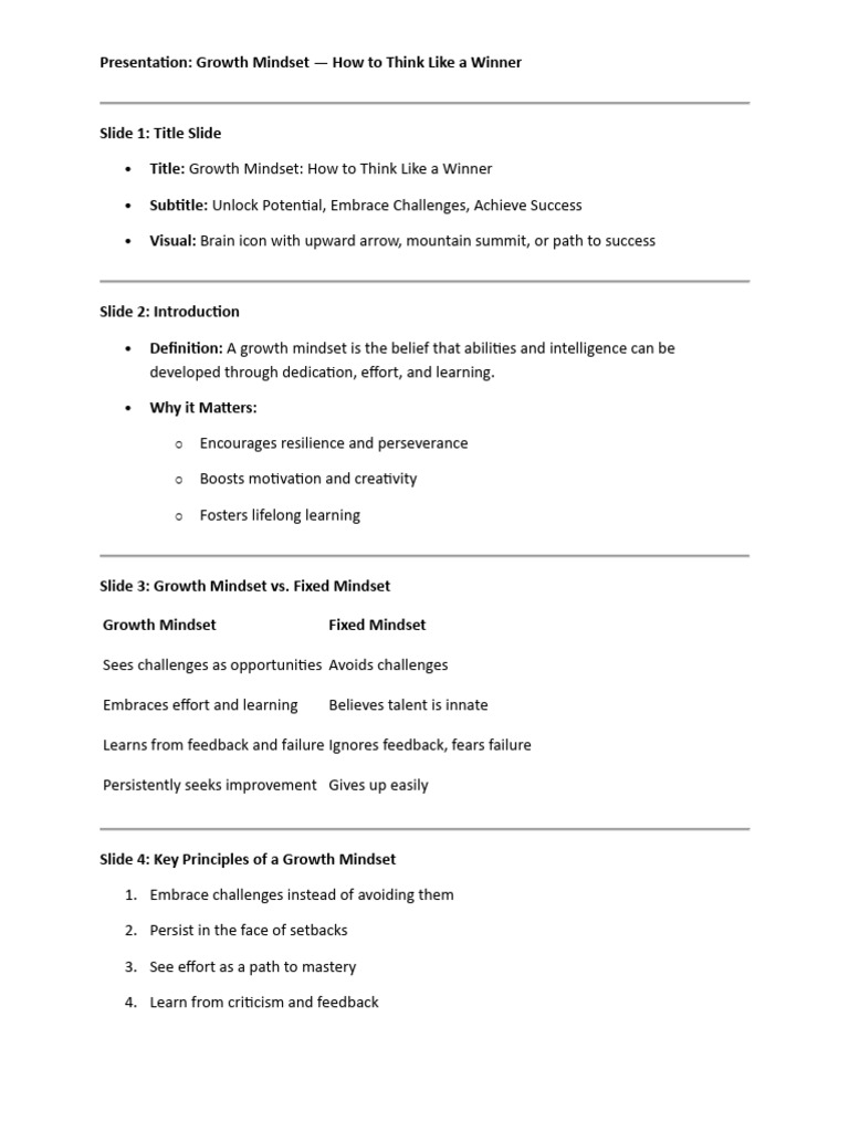 Presentation Growth Mindset How To Think Like A Winner | PDF | Mindset ...