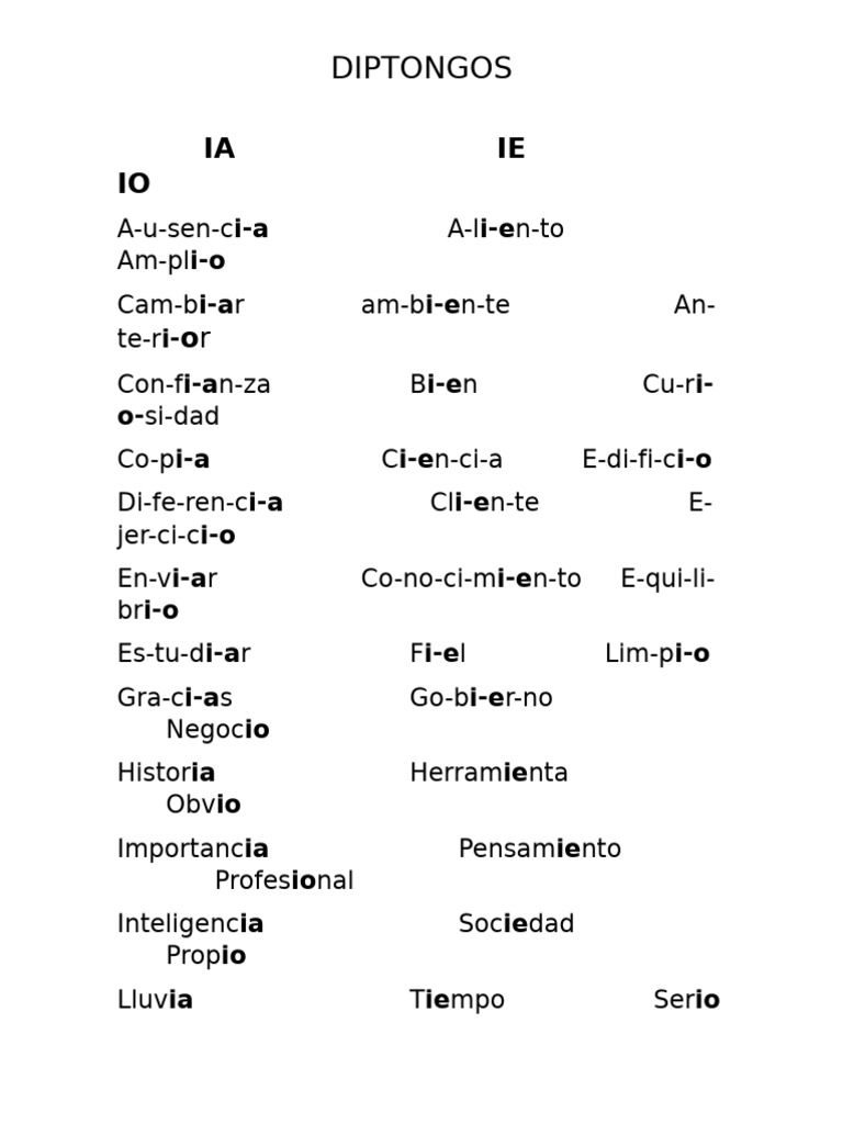 Diptongos en Español: Ejemplos y Uso | PDF