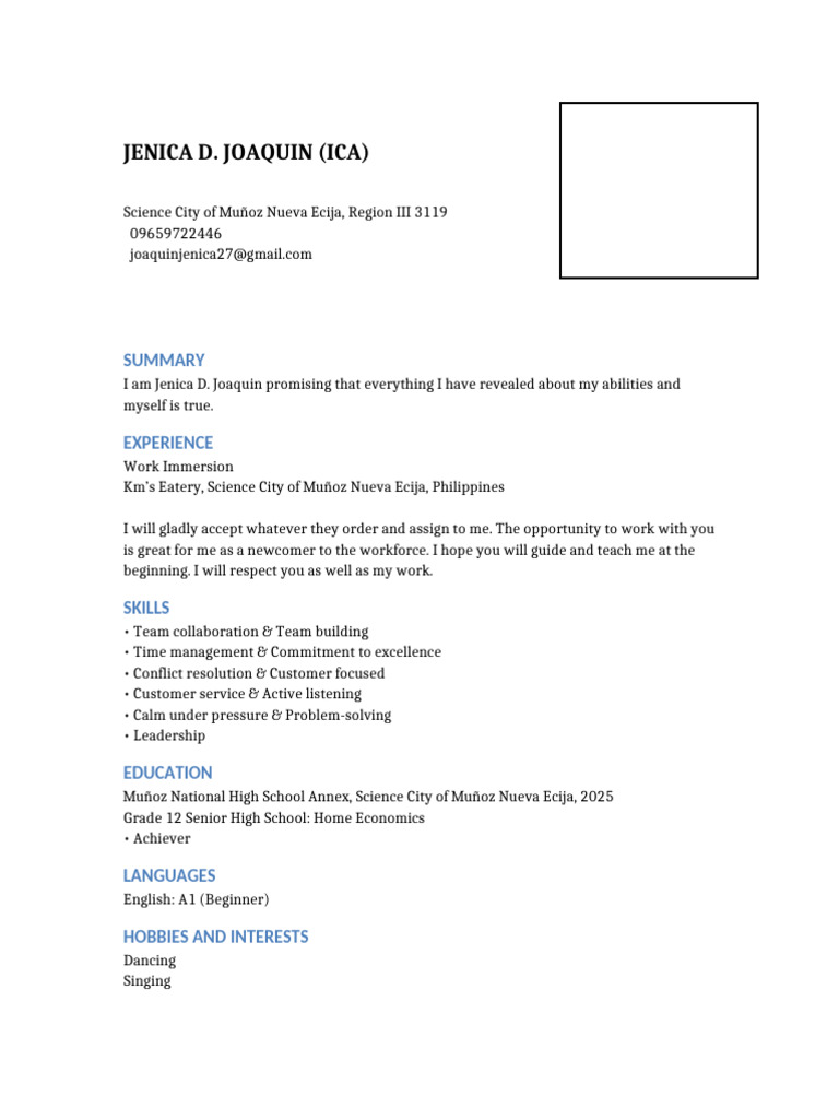 Jenica d Joaquin (Ica) Resume With Photobox | PDF