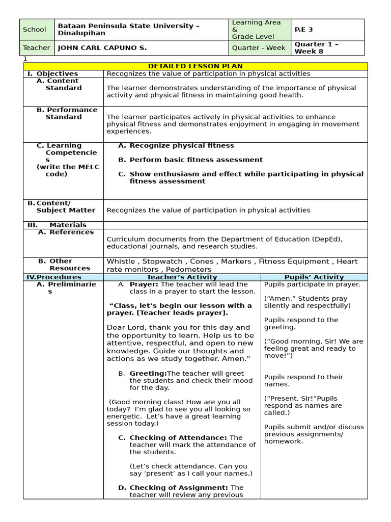 Physical Fitness Lesson Plan for P.E. | PDF | Physical Fitness ...
