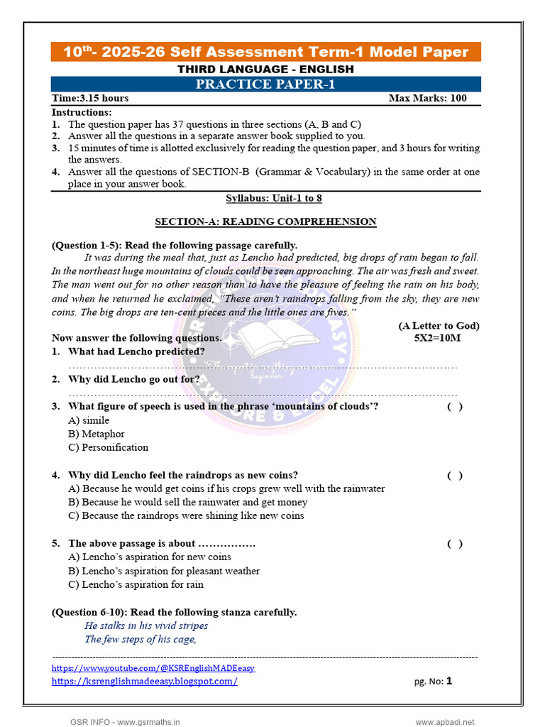10th Grade English Term-1 Model Paper | PDF | Question | Linguistics