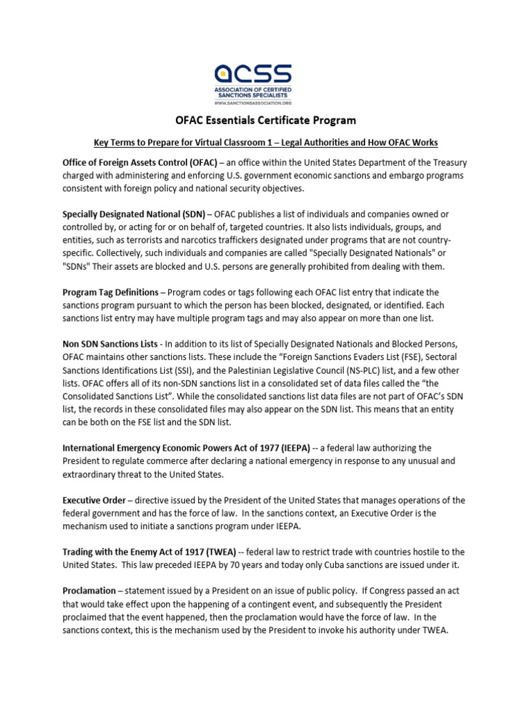 OFAC Essentials: Key Terms Overview | PDF | Office Of Foreign Assets ...