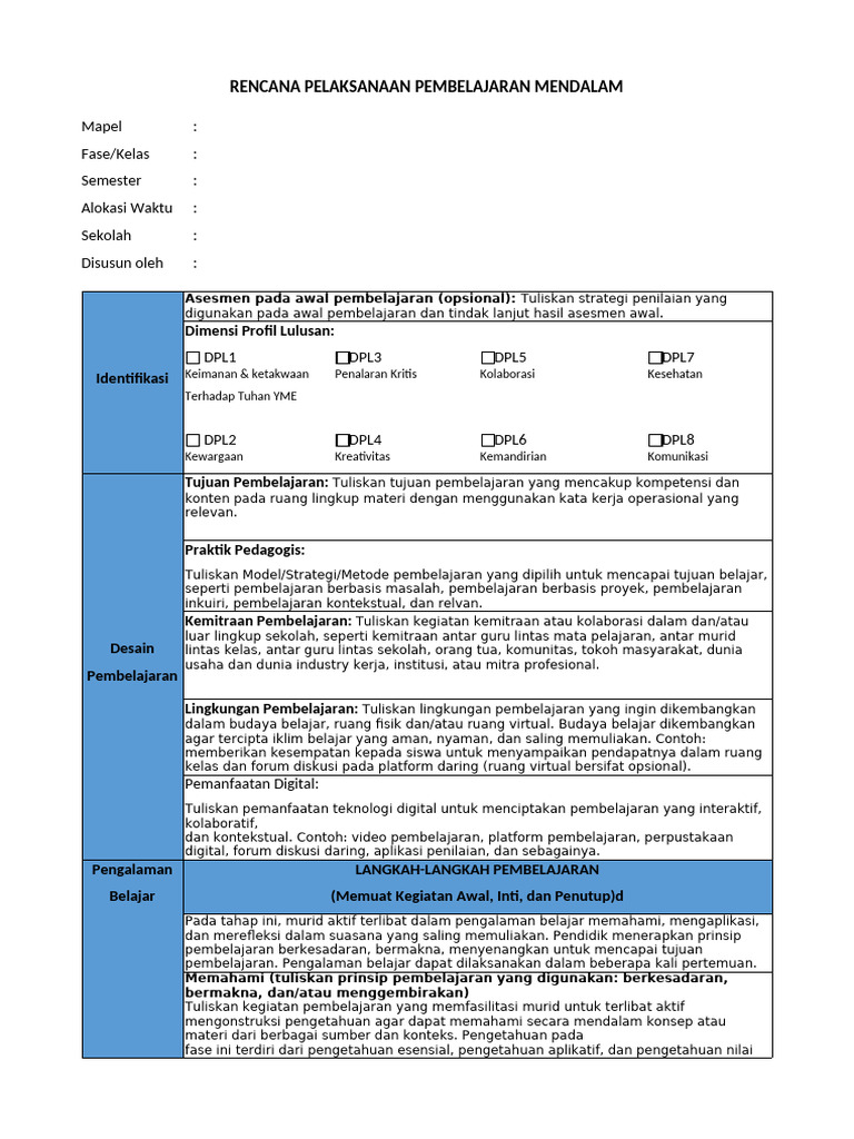 Format Rpp Pembelajaran Mendalam | PDF