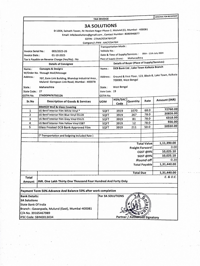 Tax Invoice 003-2025-26 - DCB Bank Lake Town Kolkata Branch | PDF
