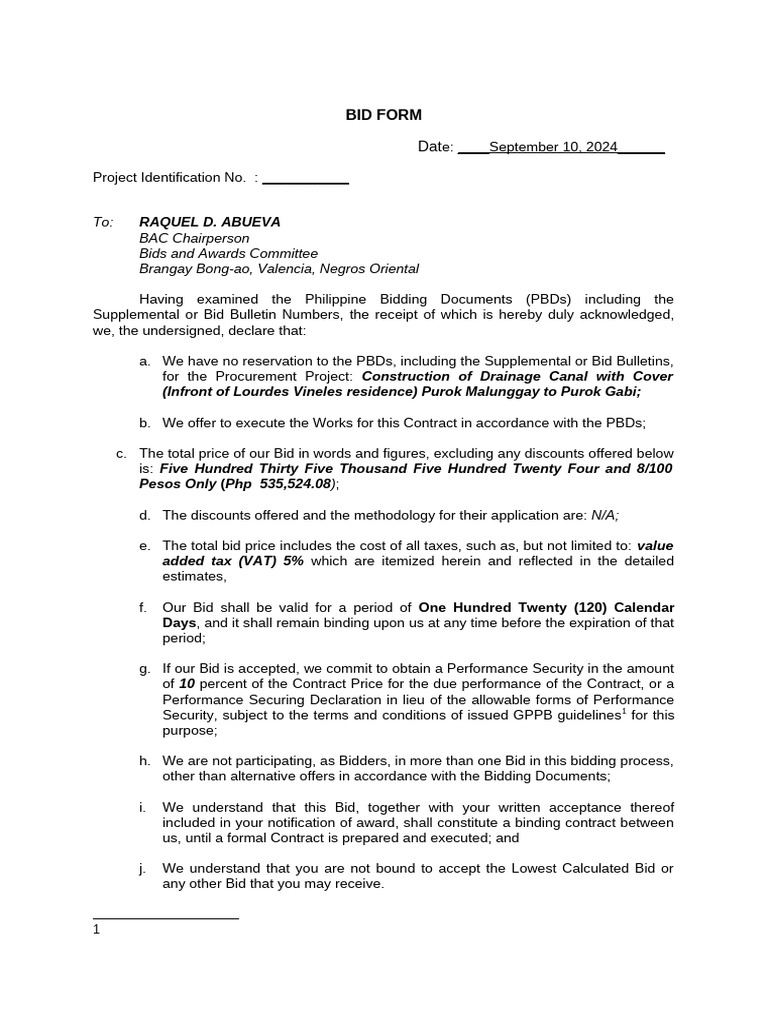 GLCN Bid Form For The Procurement of Infrastructure Projects | PDF