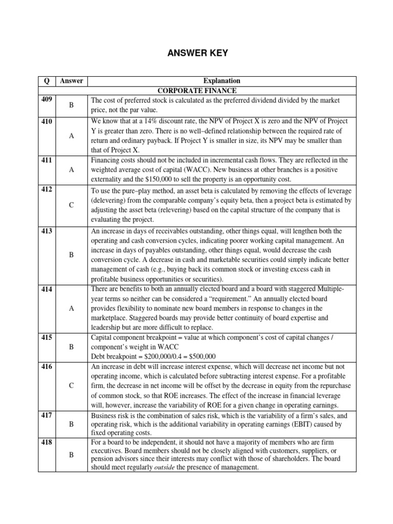 Corporate Finance Answer Key Summary | PDF | Net Present Value | Cost ...