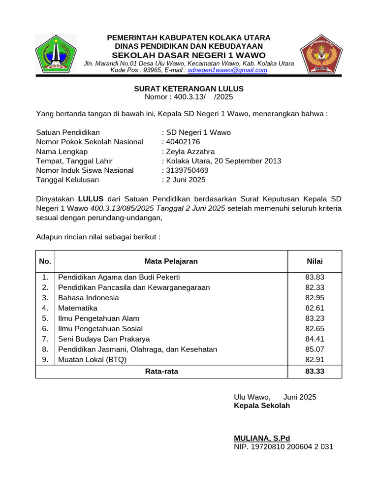 Surat Keterangan Lulus SD Wawo 2025 | PDF