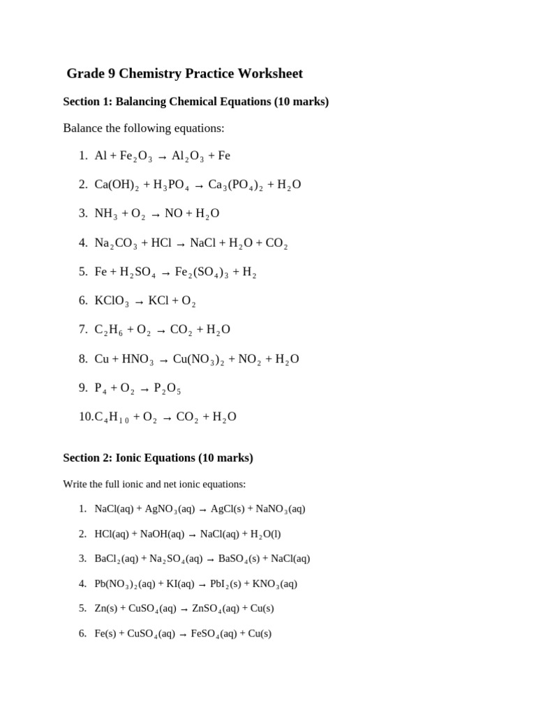 Grade 9 Chemistry Practice Worksheet | PDF | Mole (Unit) | Hydroxide