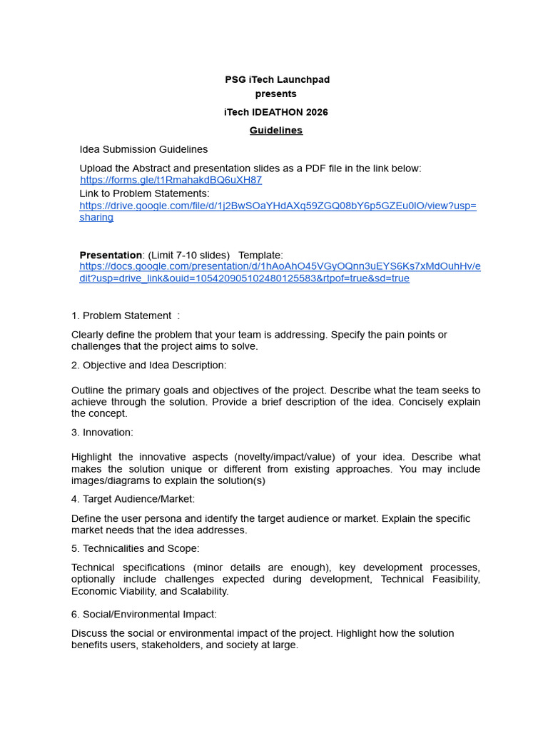 Guidelines - Instructions for Participants-itech Ideathon 2026 | PDF | Risk | Startup Company
