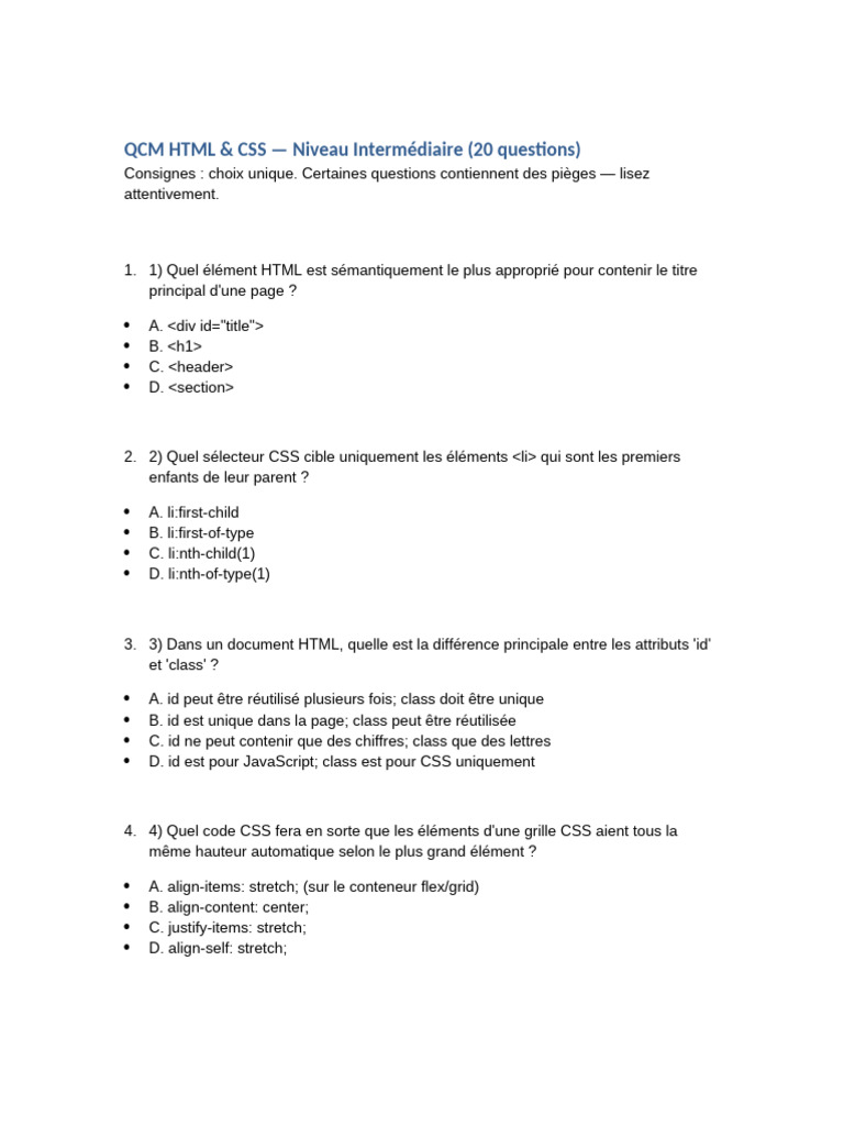 QCM HTML & CSS Intermédiaire : 20 Questions | PDF | Html | Élément HTML
