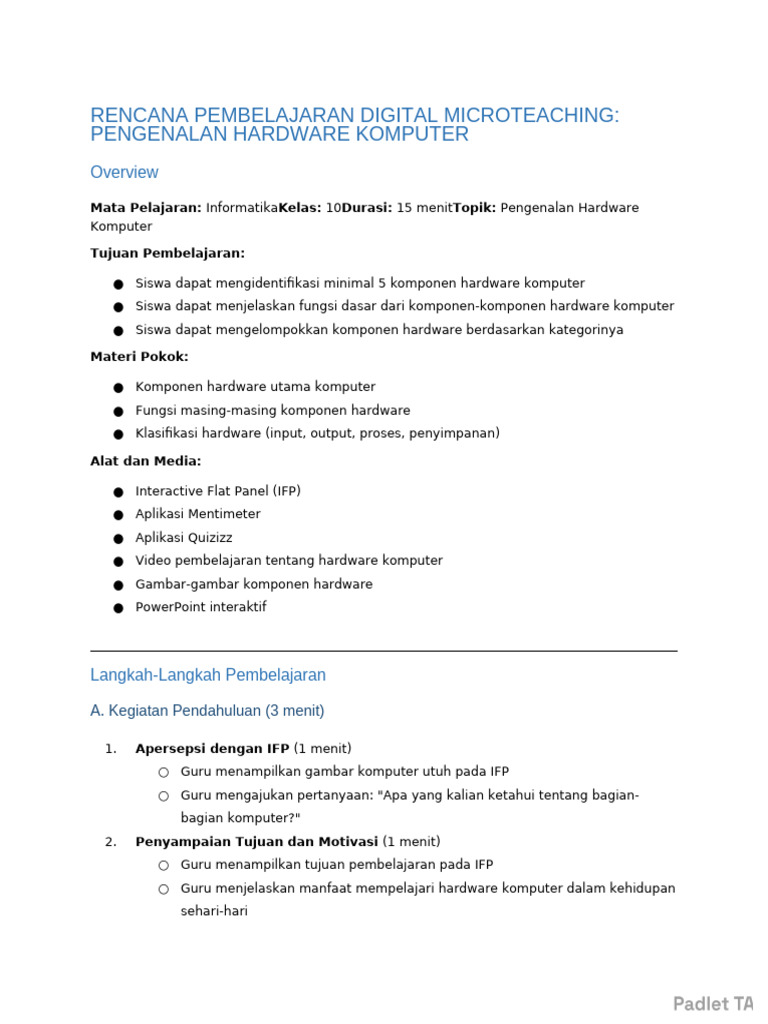 Rencana Pembelajaran Digital Microteaching - Pengenalan Hardware Komputer | PDF