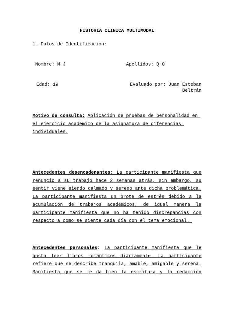 Historia Clinica Multimodal | PDF | Las emociones | Salud mental