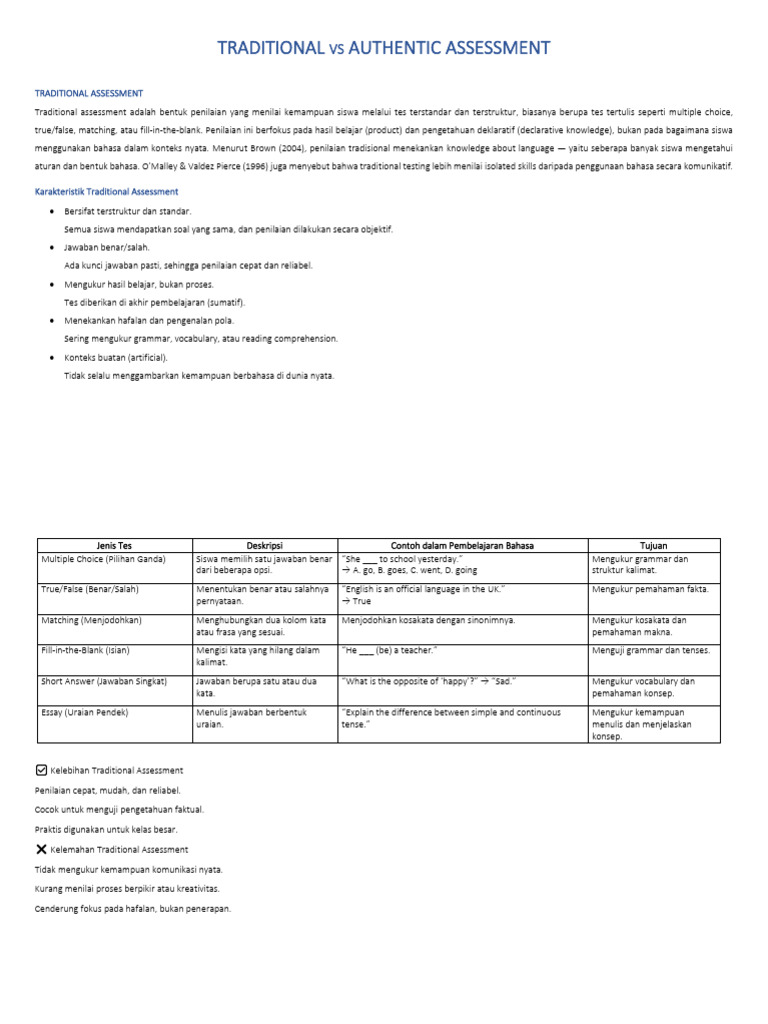 Perbandingan Penilaian Tradisional dan Otentik | PDF