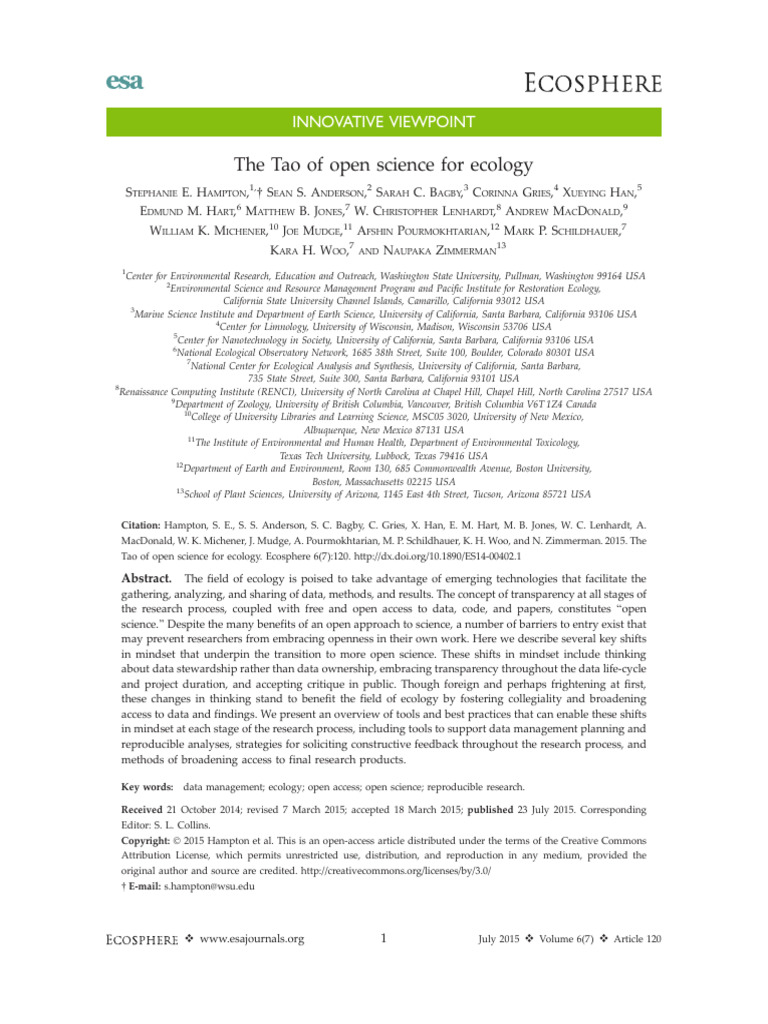 Ecosphere - 2015 - Hampton - The Tao of Open Science For Ecology | PDF ...