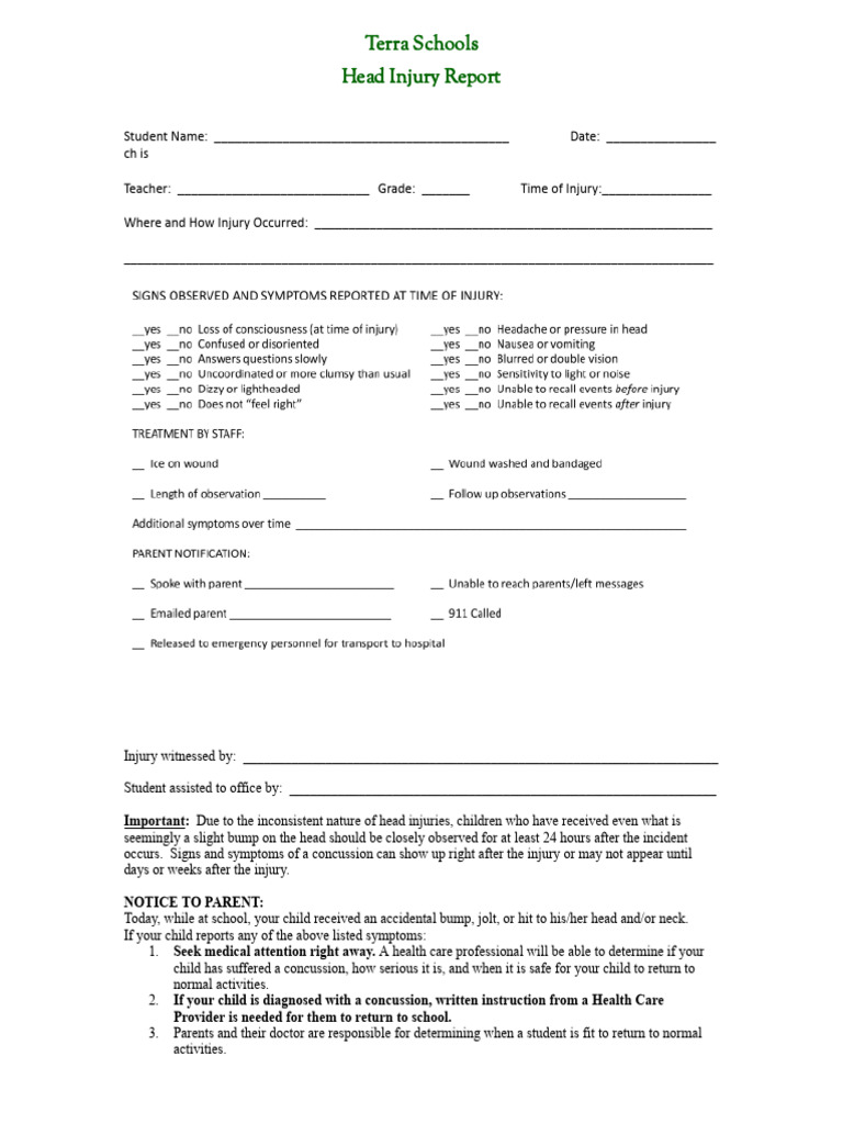 Terra Schools Head Injury Report Template | PDF