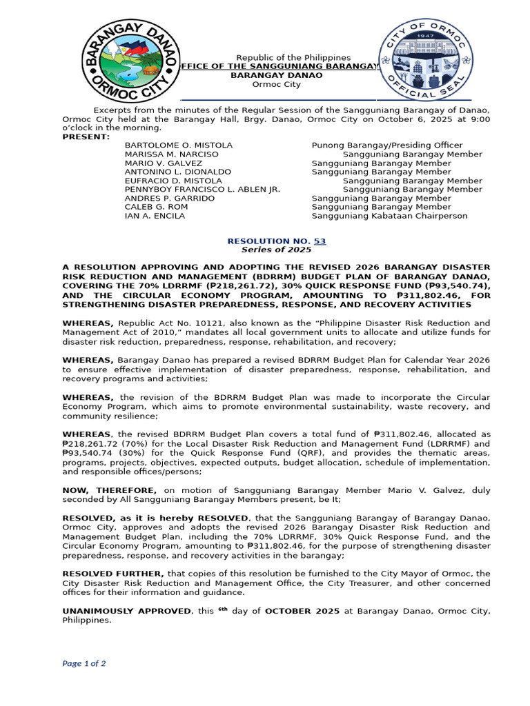 RESOLUTION NO. 53 Approving and Adopting The Revise BDRRM Plan | PDF ...