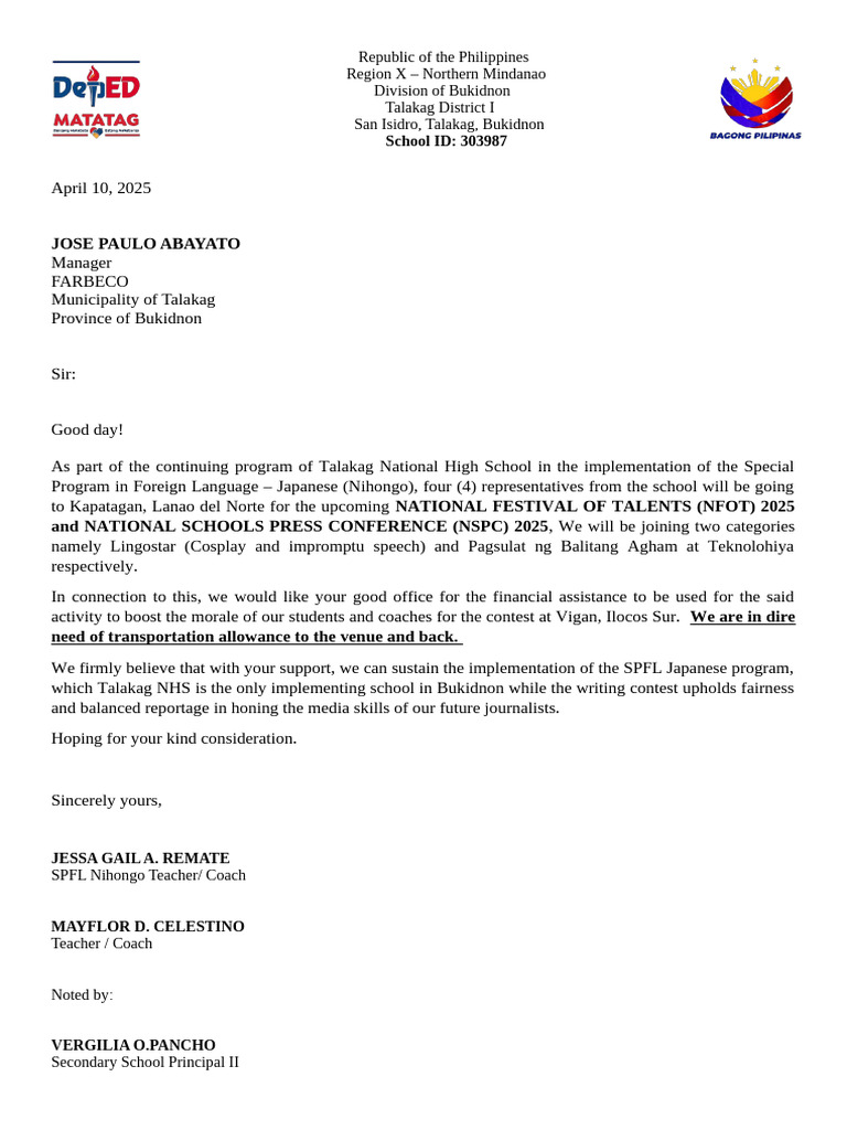 Request letter for transpo | PDF | Journalism | Philippines