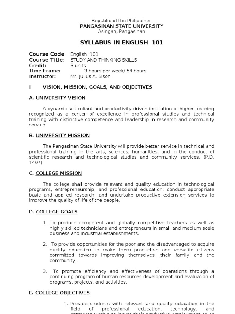 Syllabus in Study and Thinking Skills | PDF | Reading Comprehension ...