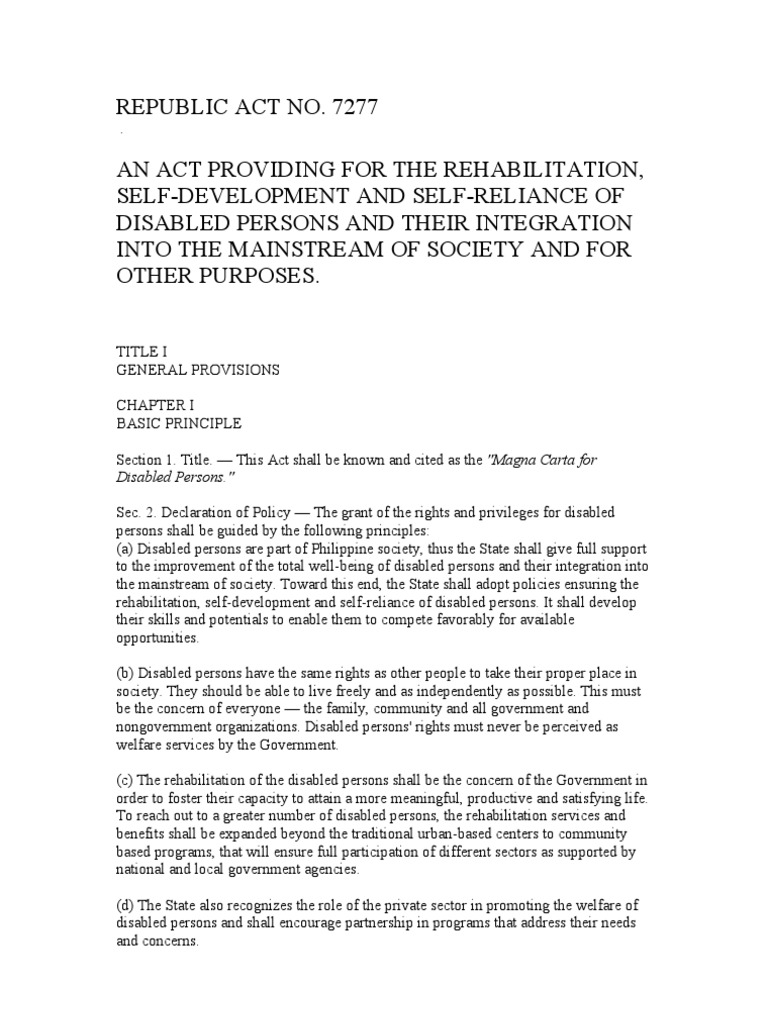 RA 7277 (Magna Carta For Disabled Persons) | PDF | Rehabilitation ...