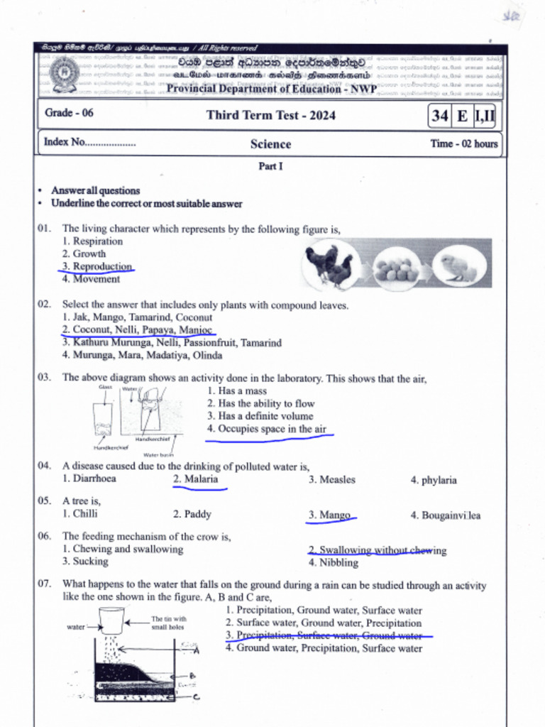 Grade 06 Science EM Paper NWP 2024 With Answers Past Paper Wiki | PDF