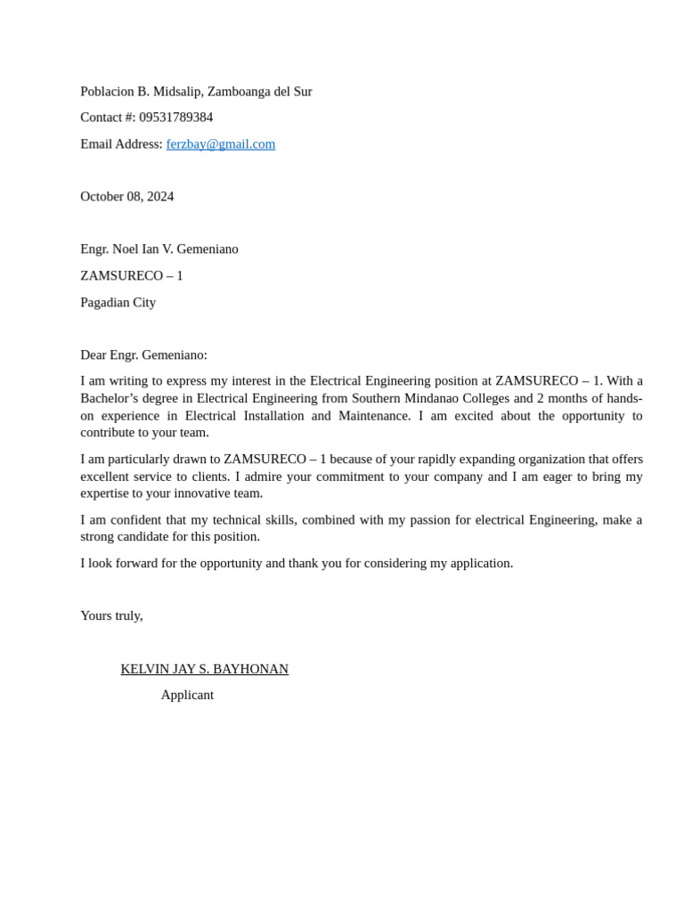 Electrical Engineering Job Application | PDF | Science | Engineering