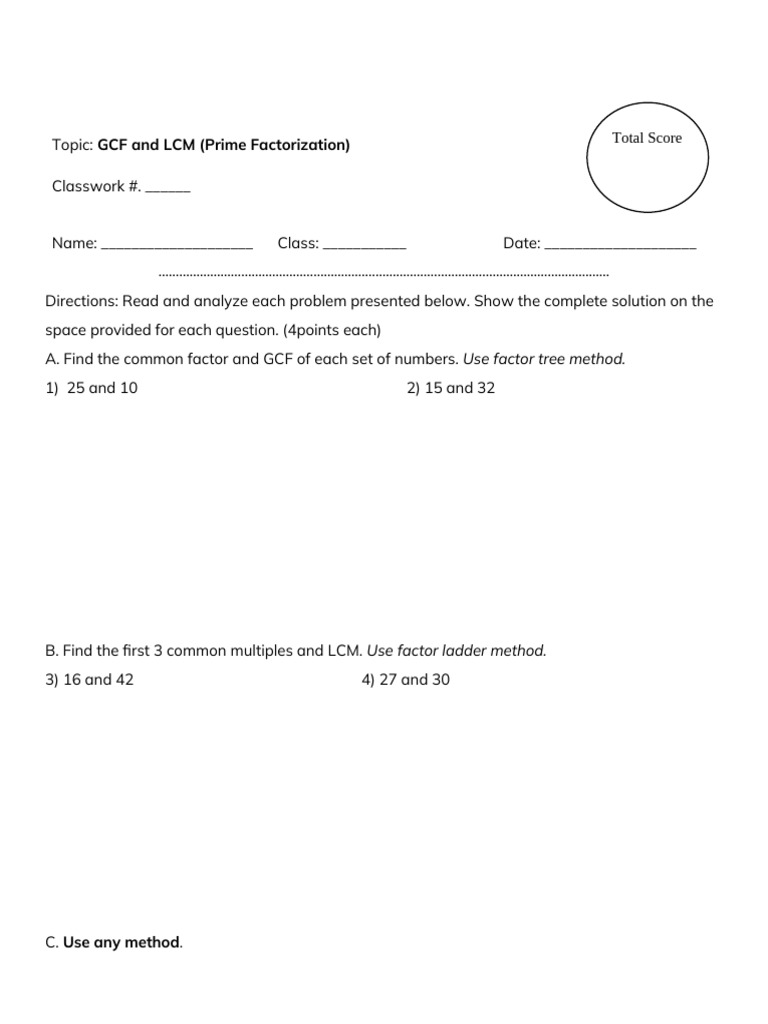 Math g6u2gcf Lcm Prime Factor Cw (1) | PDF