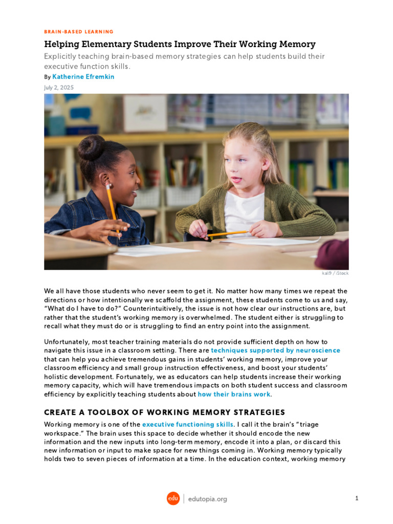 Boosting Working Memory in Elementary School _ Edutopia | PDF | Psychological Concepts ...