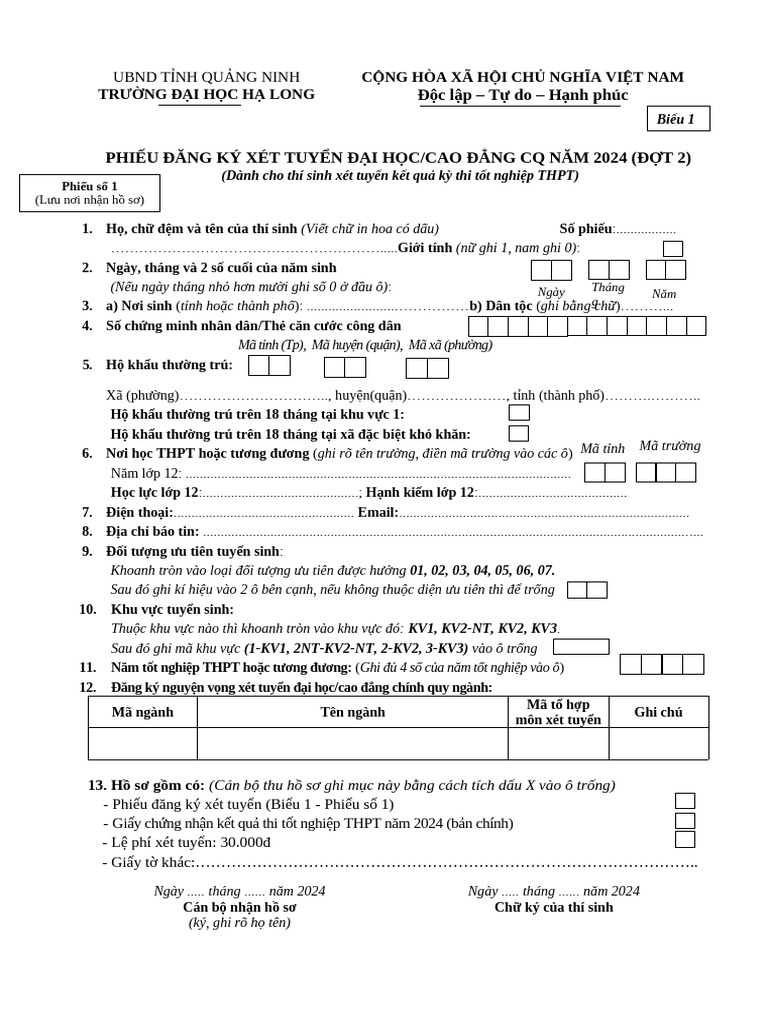 1. Biểu 1-Phieu ĐKXT ĐH+CĐ Theo KQ Thi THPT Đợt 2 Năm 2024 | PDF