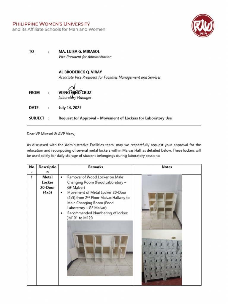 Request for Approval – Movement of Lockers for Laboratory Use | PDF