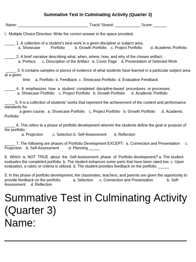 Culminating Activity Test: Portfolio Types | PDF | Teachers | Behavior ...