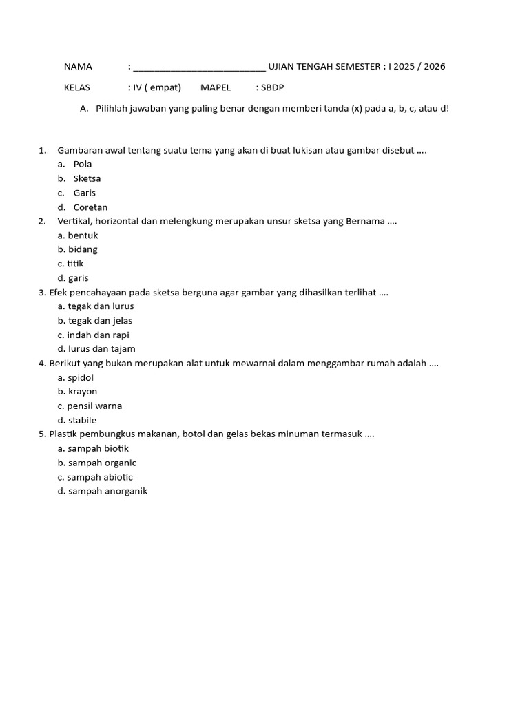 Soal Mid Semester SBDP Kls 4 | PDF