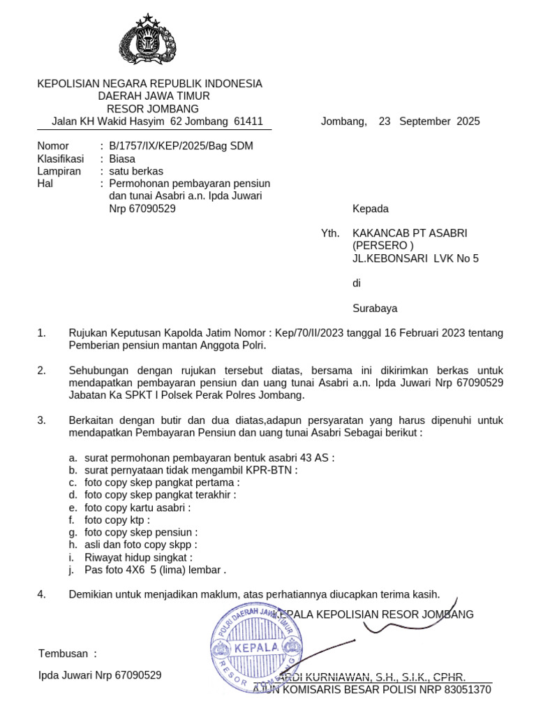Permohonan Pensiun Ipda Juwari Jombang | PDF